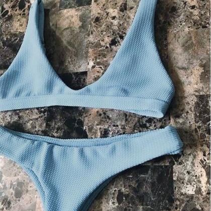 Fashion Simple Pure Blue Two Piece Bikini Cute Swimsuit on Luulla