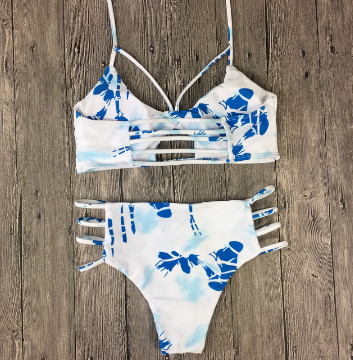 Two Side White Blue Floral Print Show Body Bottom Side Hollow Two Piece ...