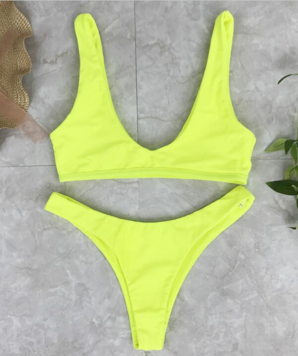 Simple Low Chest Vest Type Yellow Two Piece Bikini on Luulla