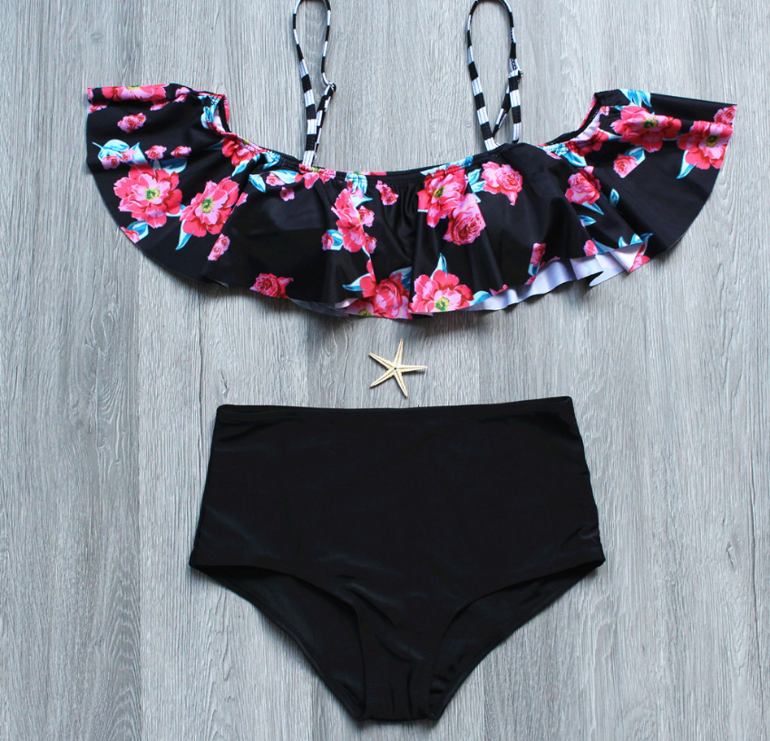 High-waisted One-shouldered Flounce Bathing Suit on Luulla